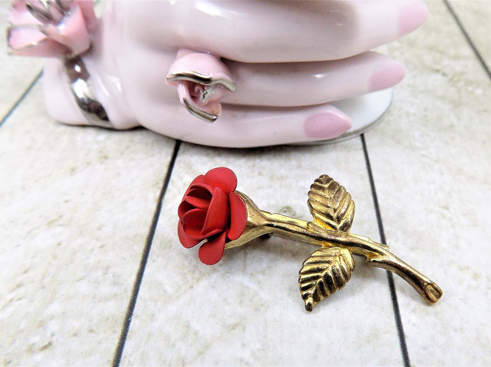 Red Rose Brooch Golden Leaves and Stem Gifts for Her | Etsy