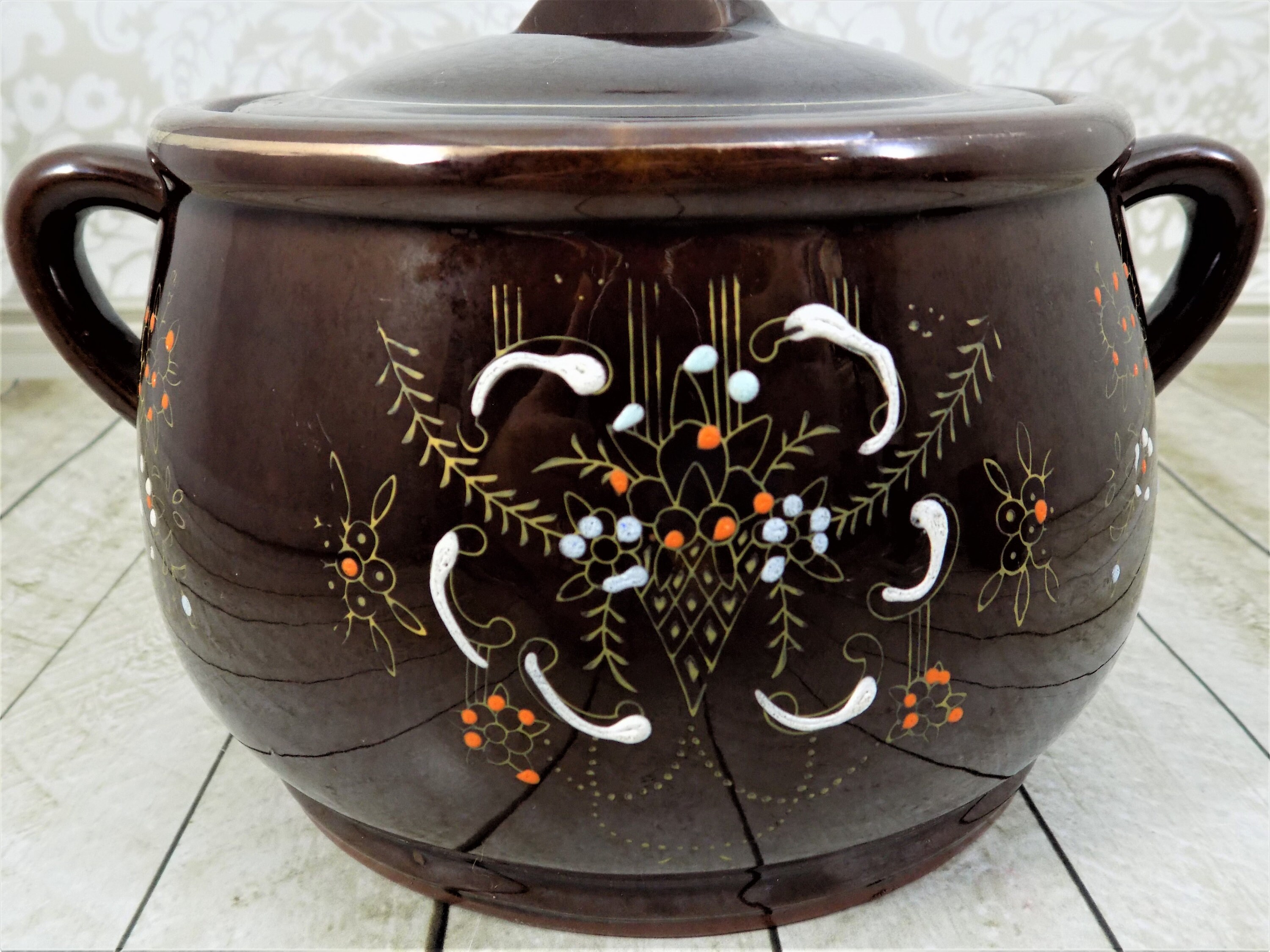 Moriage Style Rice Pot With Lid Ceramic Brown Glazed Gold | Etsy