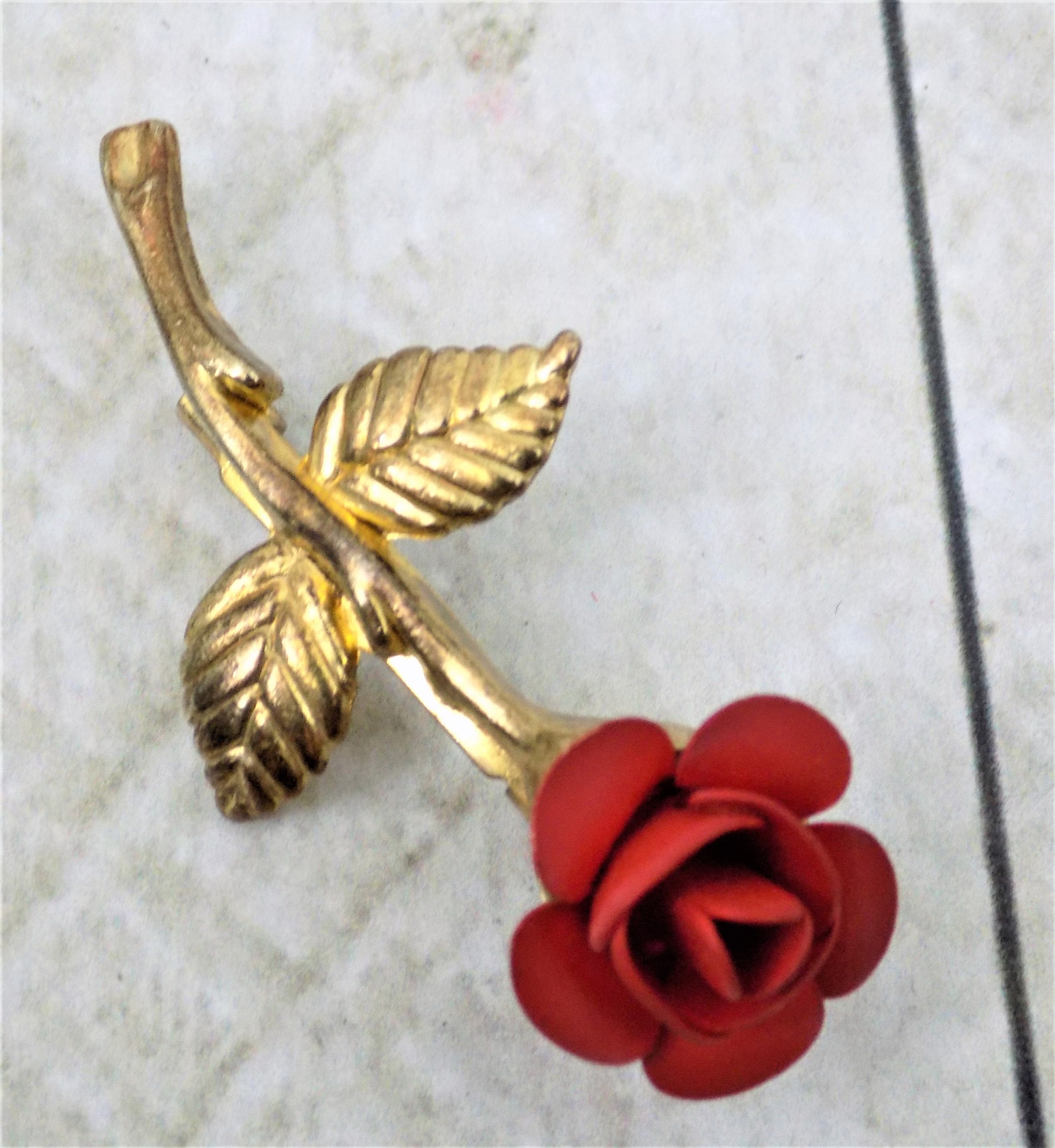 Red Rose Brooch Golden Leaves and Stem Gifts for Her | Etsy