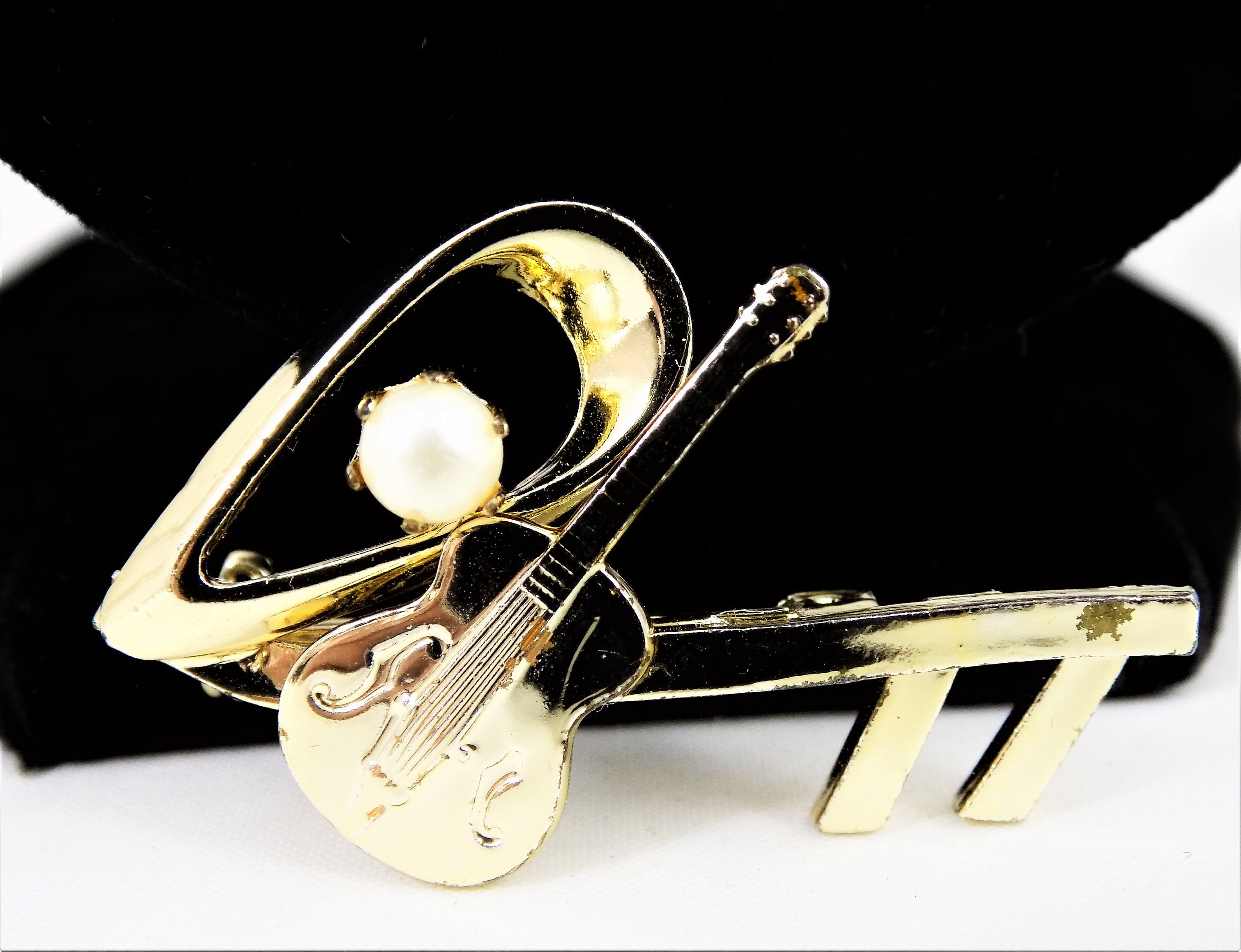 Mamselle Musical Brooch Music Note Guitar Pearl Gold | Etsy