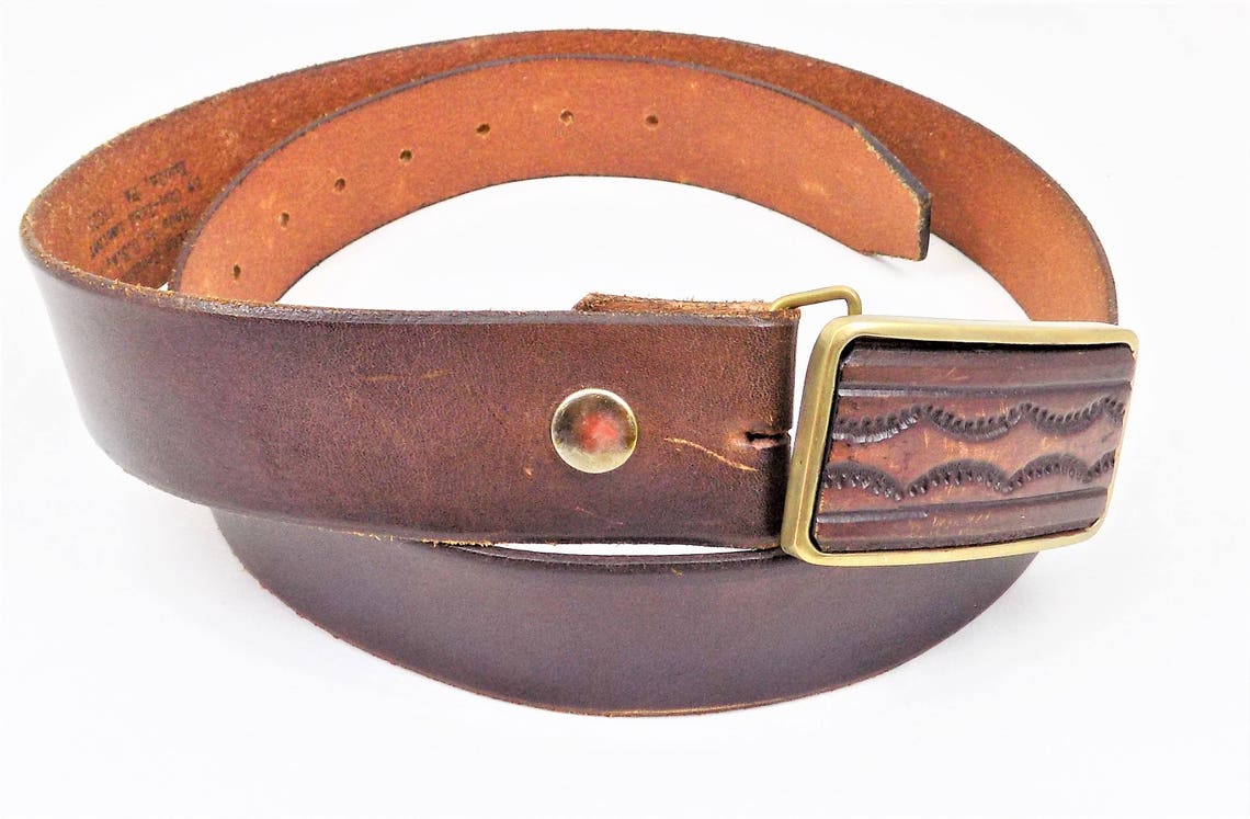Men's Tooled Leather Buckle Belt, Solid Brass, Size 44 - Etsy