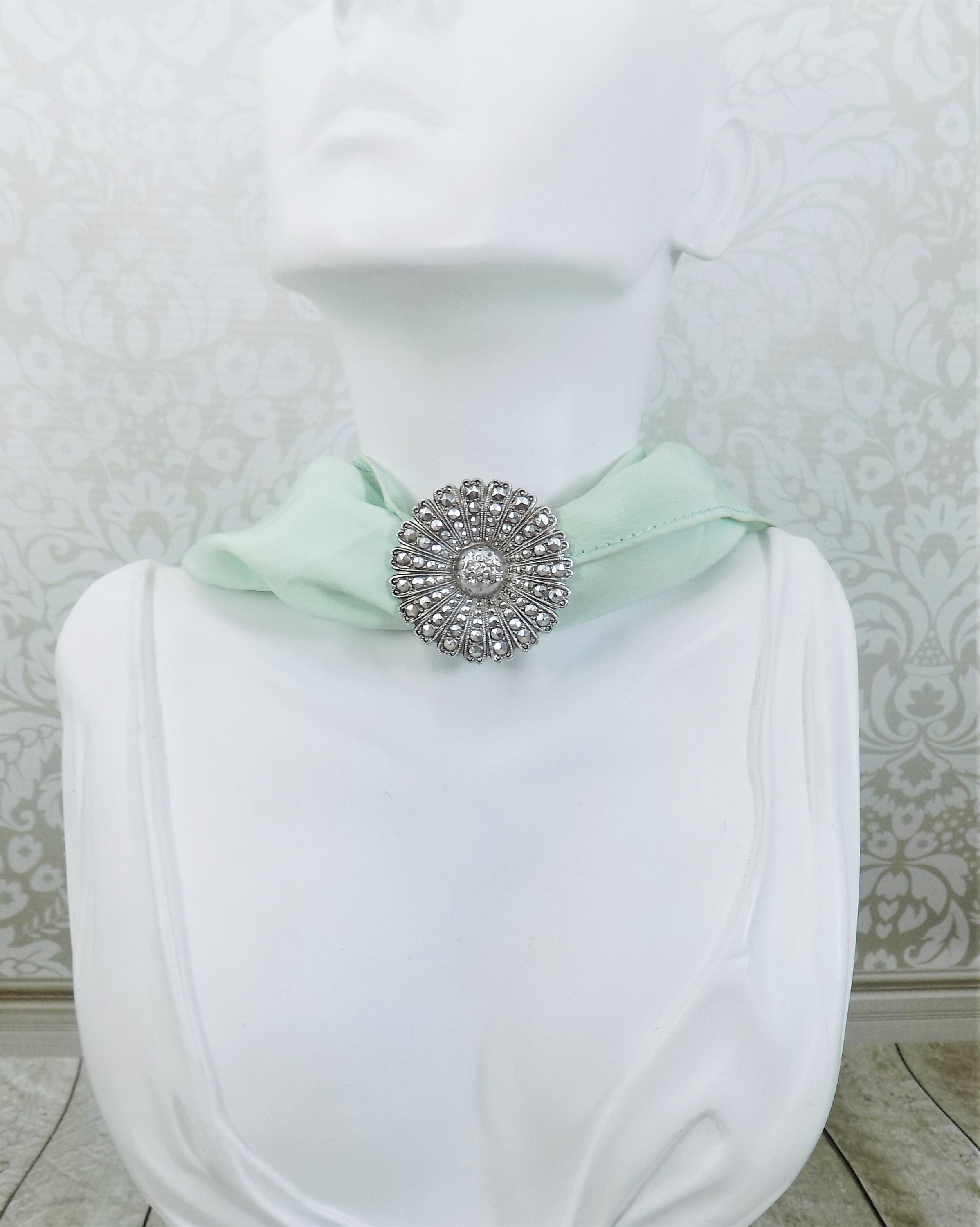 Silver Scarf Clip Flower Design Faux Marcasite Choker | Etsy