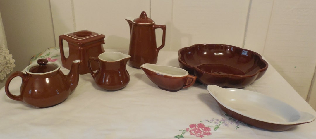 Hall Brown Restaurant Ware, 7 Piece Assorted Serving Pieces, 3 Teapots ...