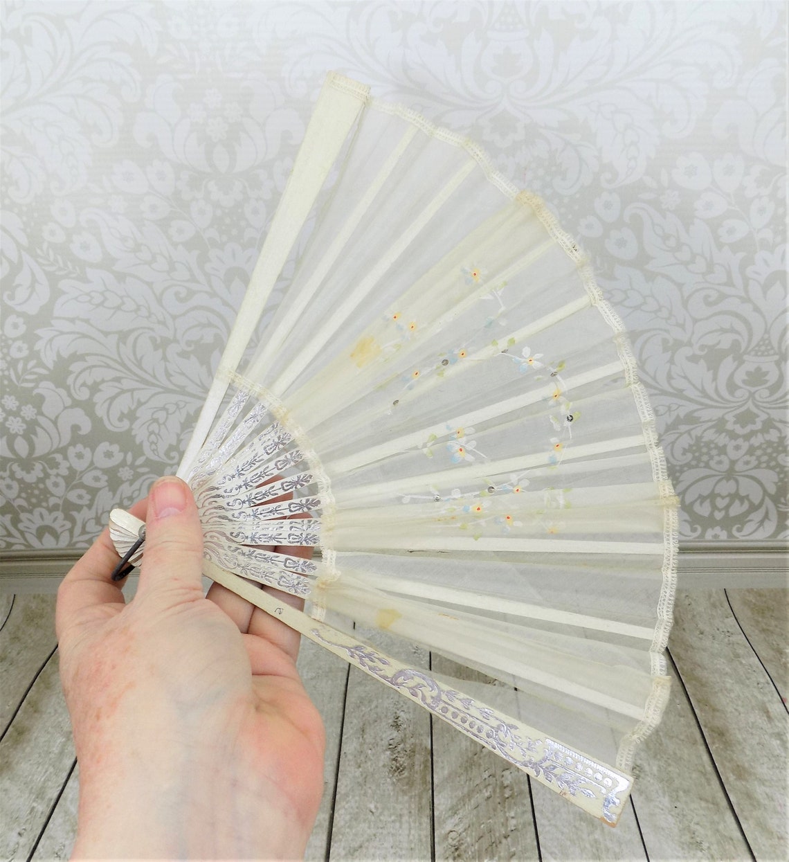 White Wedding Fan Gauze Hand Painted Hand Sewn Sequins | Etsy