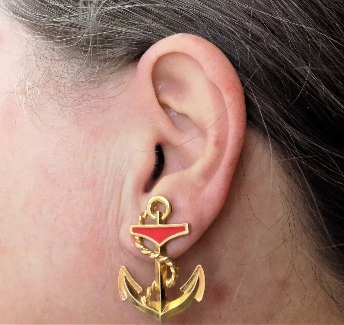 Avon Anchors Aweigh Pierced Earrings Red and Gold Surgical | Etsy