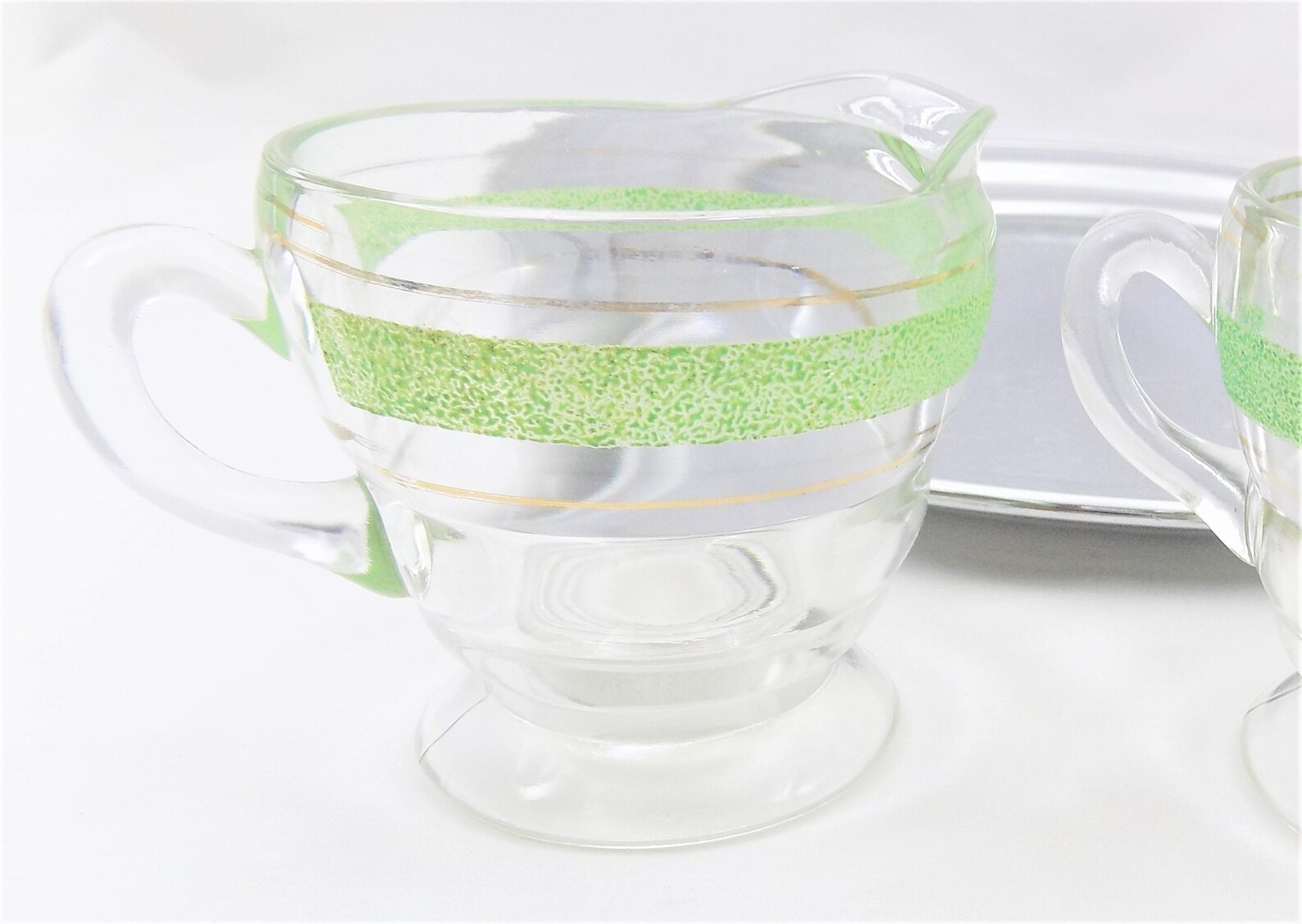 Kent Glass Creamer and Sugar Clear With Green Band Open - Etsy