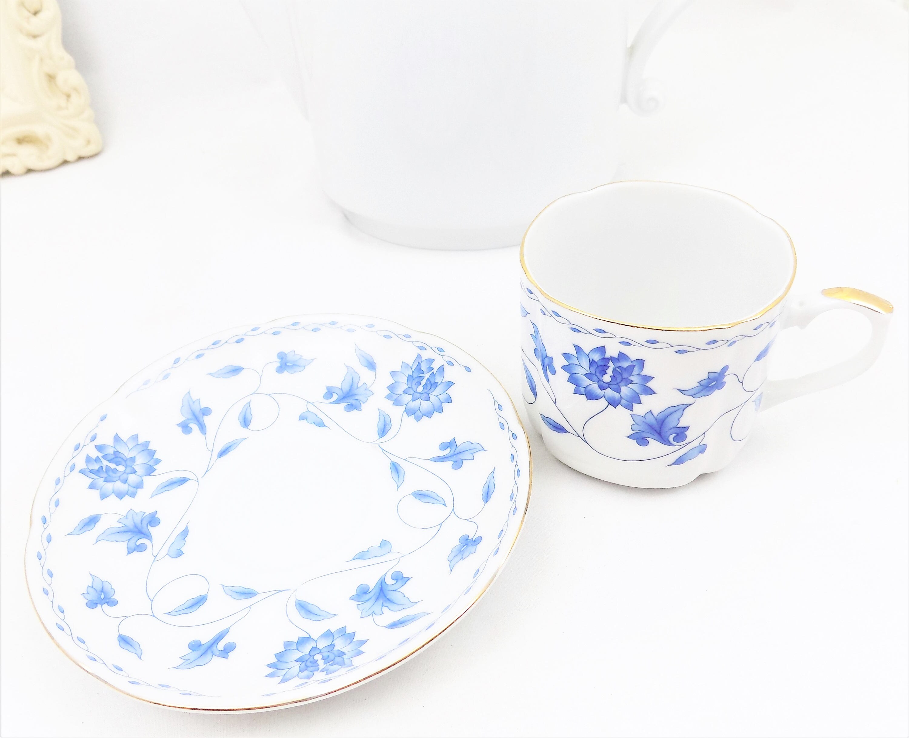 Blue and White Teacup with Saucer China Floral Cup with Gold | Etsy