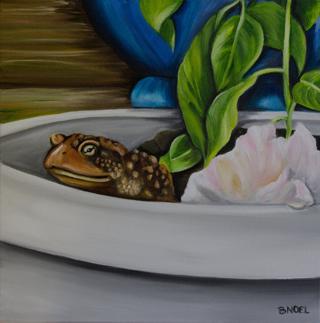 Midnight Toad & Flower Pot- 12" by 12" Original Oil Painting by Artist ...