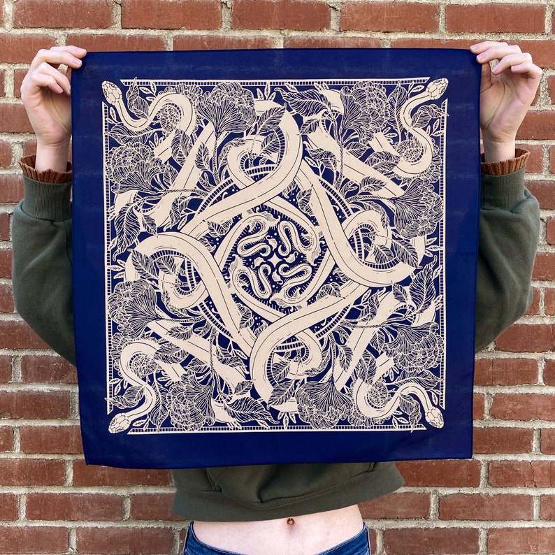 Floral Snake Bandana Lapis Screen Printed Bandana Pattern | Etsy