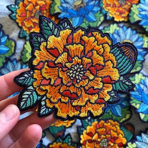 Marigold Embroidered Patch - Flower Iron on Patch - 3x3 - Floral, Botanical, Boho, Nature ...