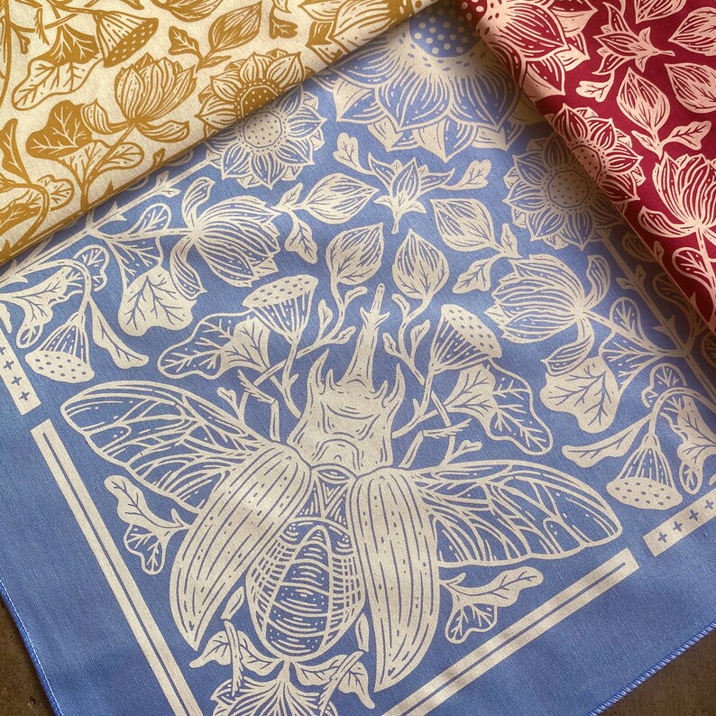 Lotus & Beetle Bandana Periwinkle Screen Printed Bandana | Etsy