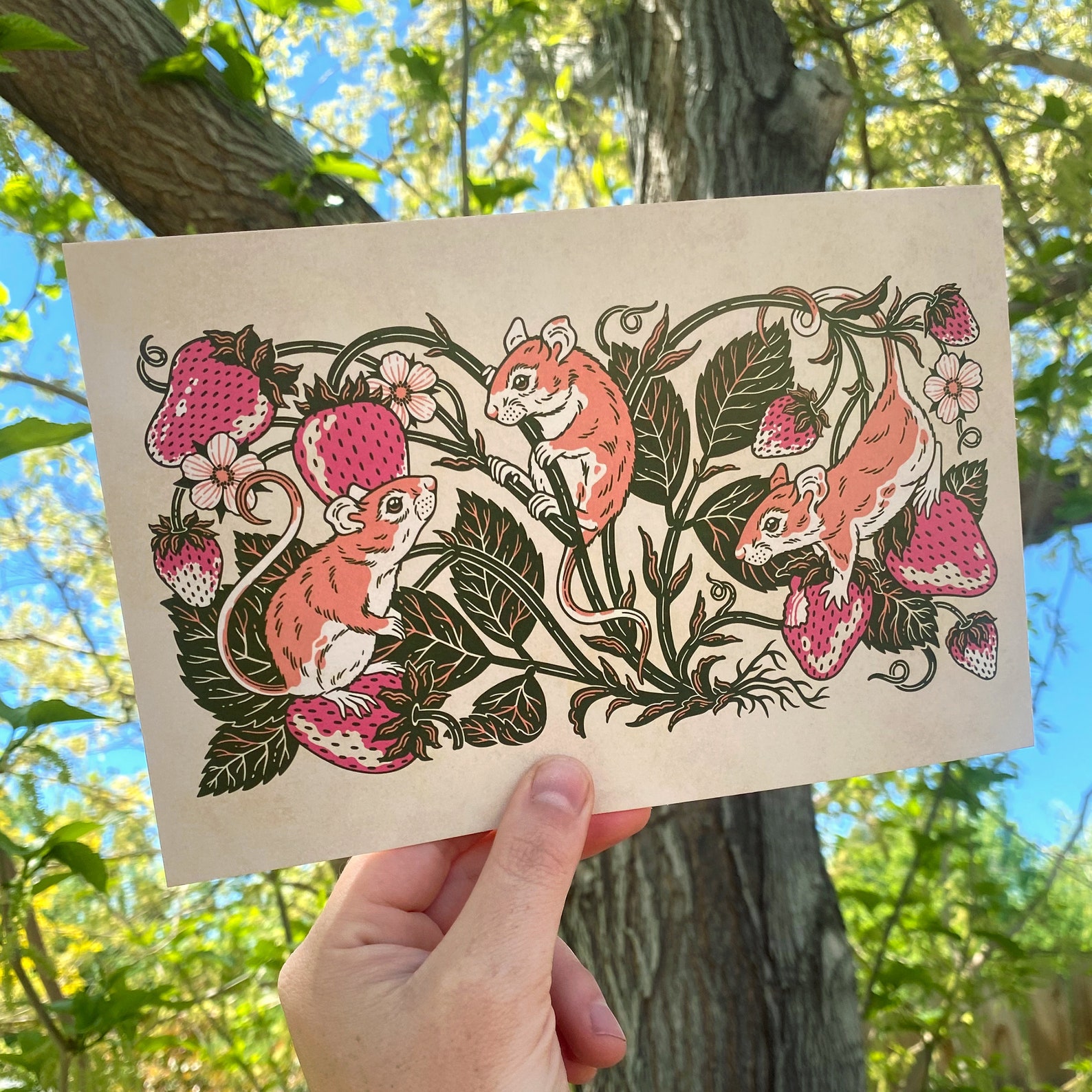 Strawberries & Mice Art Print Botanical Illustration Mini Art Print ...