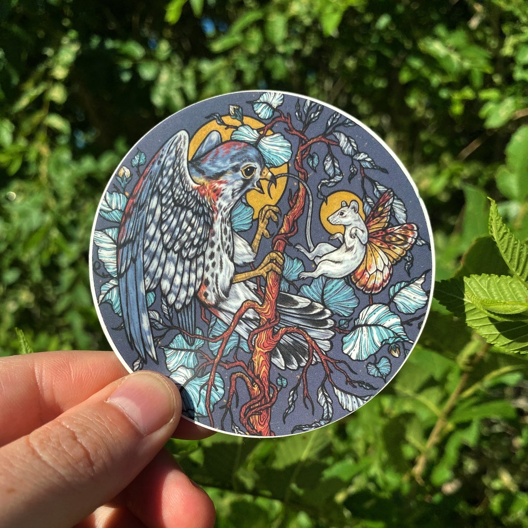 Hawk Sticker - Floral Illustrated Sticker - Kestrel & Mouse - Vinyl 3x3 ...
