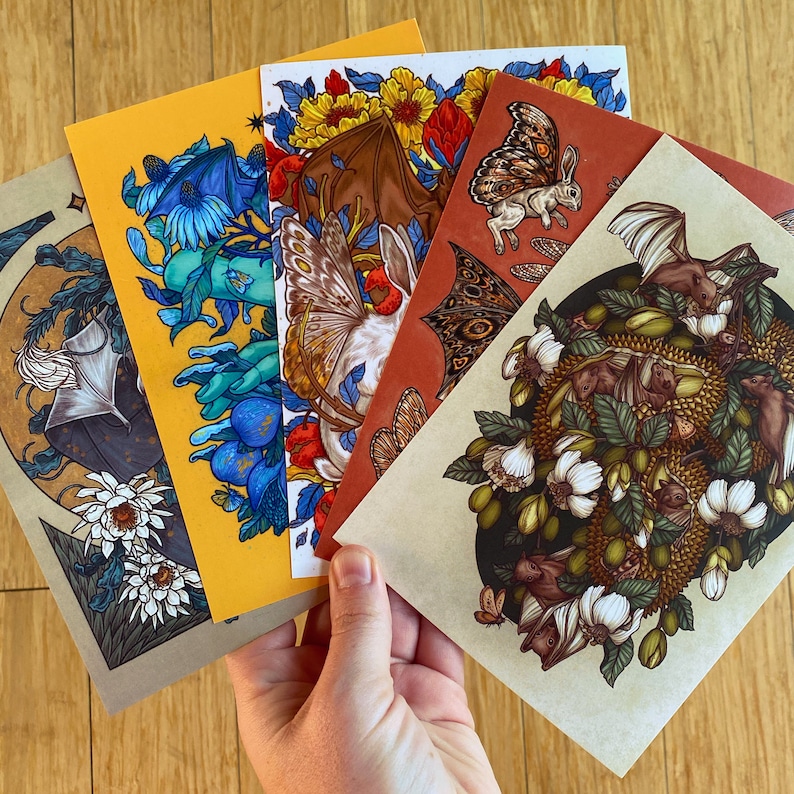 Bat Print Pack 5 Illustrated Small Art Prints 5x7 - Etsy