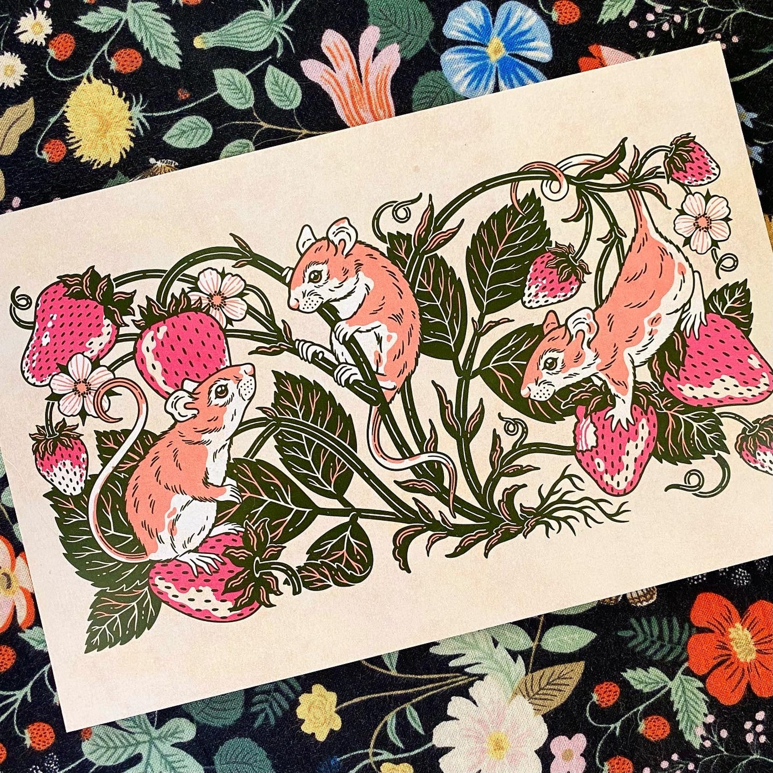 Strawberries & Mice Art Print Botanical Illustration Mini Art Print ...