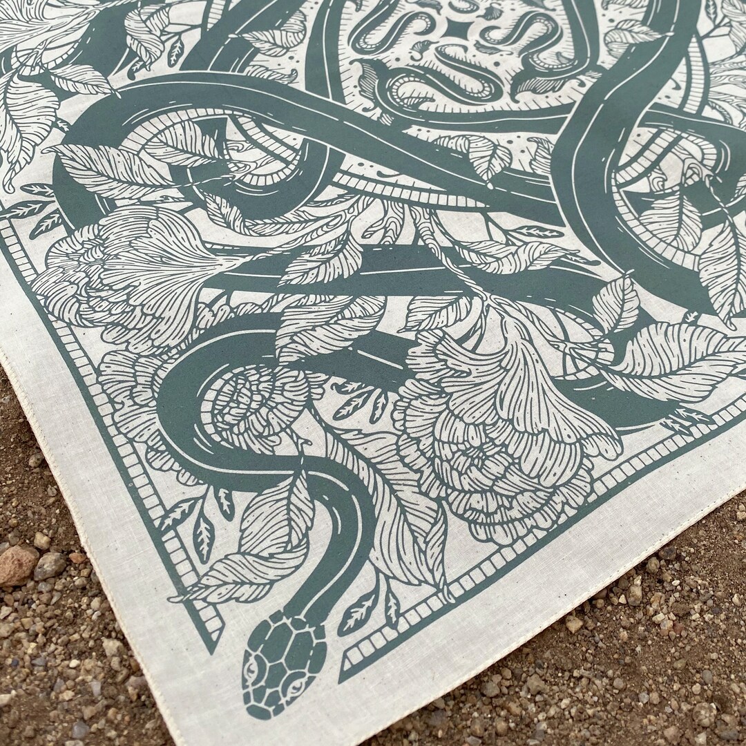 Floral Snake Bandana - Screen Printed - 100% Cotton - Nature Hair Scarf ...