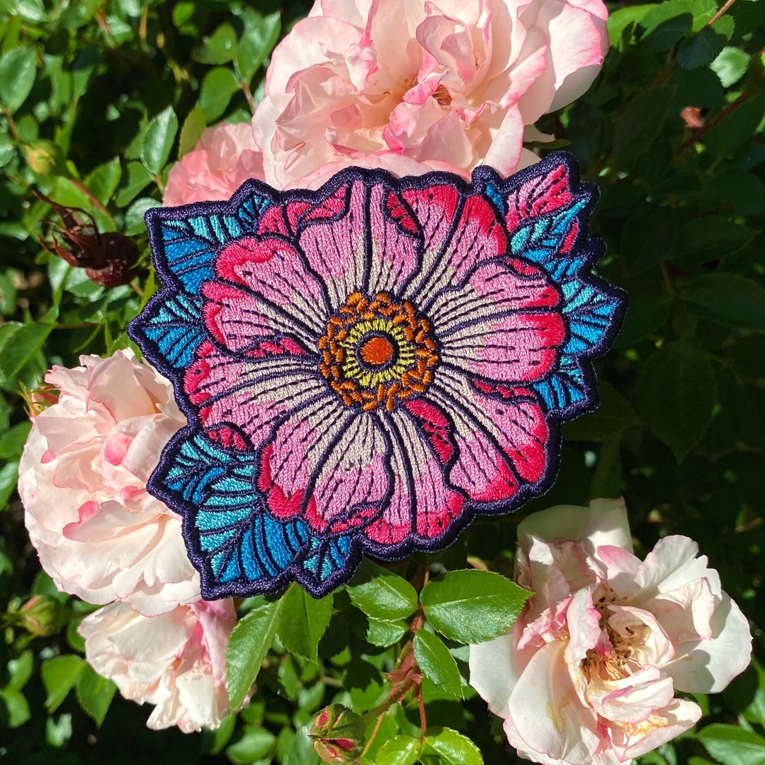 Wild Rose Embroidered Patch - Iron on Flower Patch - 3x3 - Colorful ...
