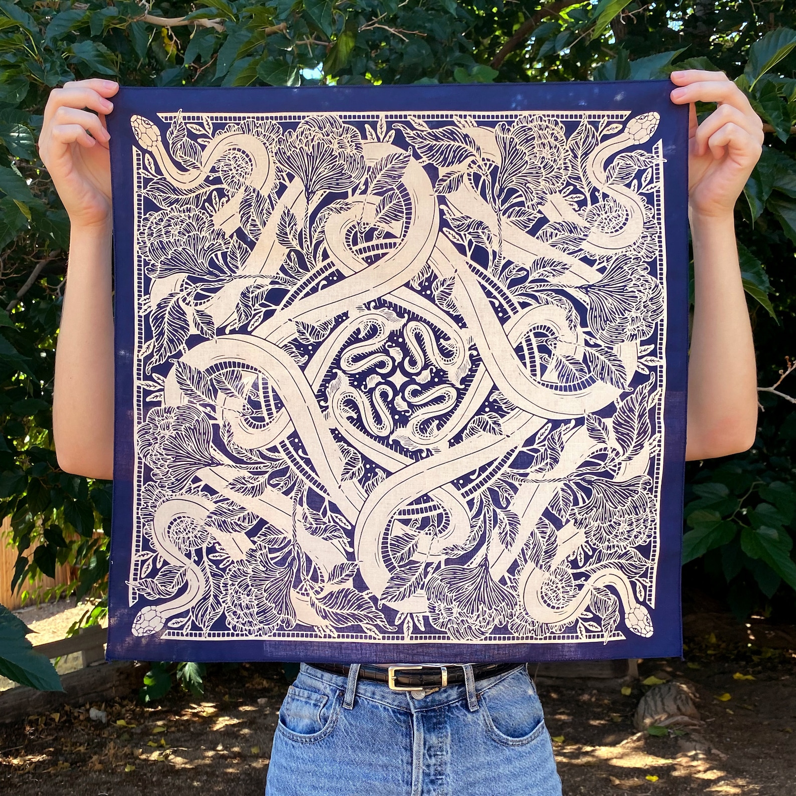 Floral Snake Bandana - Screen Printed - 100% Cotton - Nature Hair Scarf ...