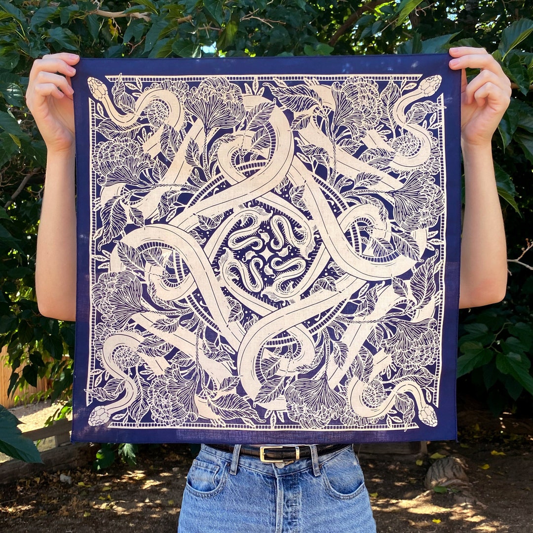 Floral Snake Bandana - Lapis - Screen Printed Bandana Pattern - Cotton ...