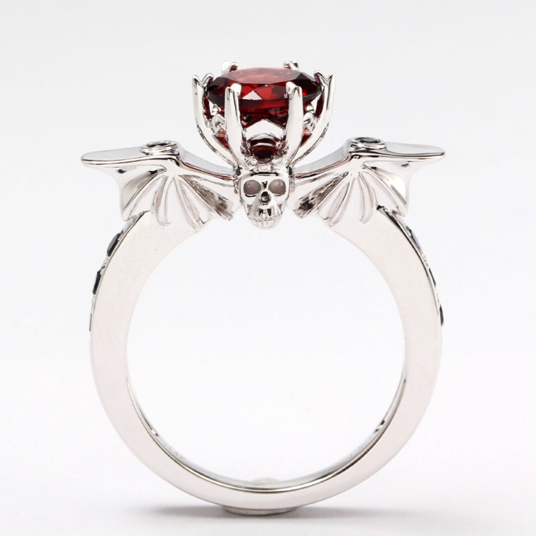 Garnet and Black Sapphire Bat Wing Ring Goth Wedding Skull Vampire ...