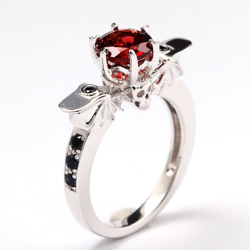 Garnet and Black Sapphire Bat Wing Ring Goth Wedding Skull Vampire ...