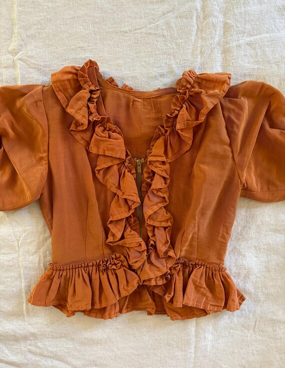 1930s/30s Burnt Orange Ruffle Zipper Front Top- XS/S - Gem