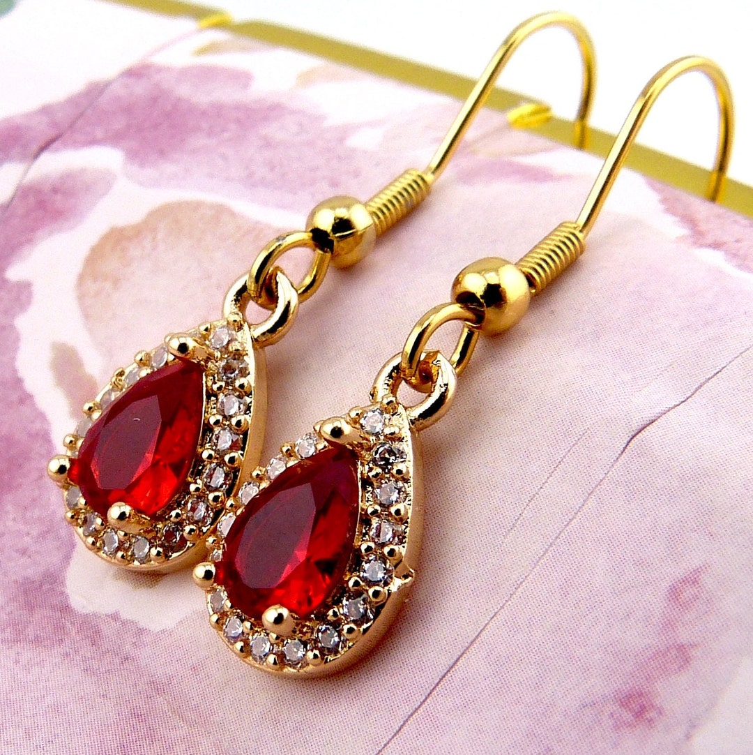 SMALL Luxe Ruby Red Wee CZ Teardrop Earrings, Surrounded by Smaller ...