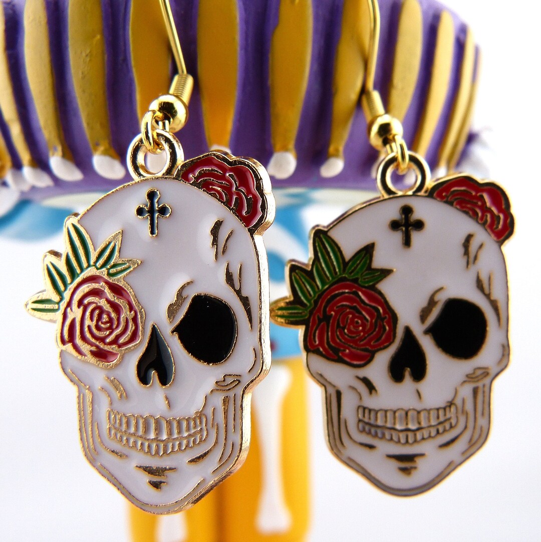 Scary Skull Earrings, Menacing Skeleton Head With Brilliant Red Rose in ...