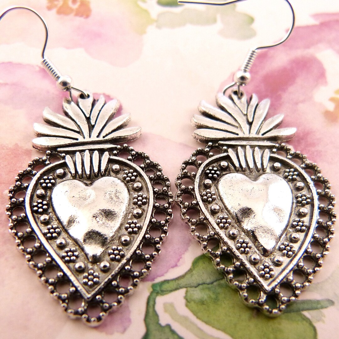 Sacred Heart Earrings, Hypoallergenic, Medium Size, Shiny, Bohemian ...