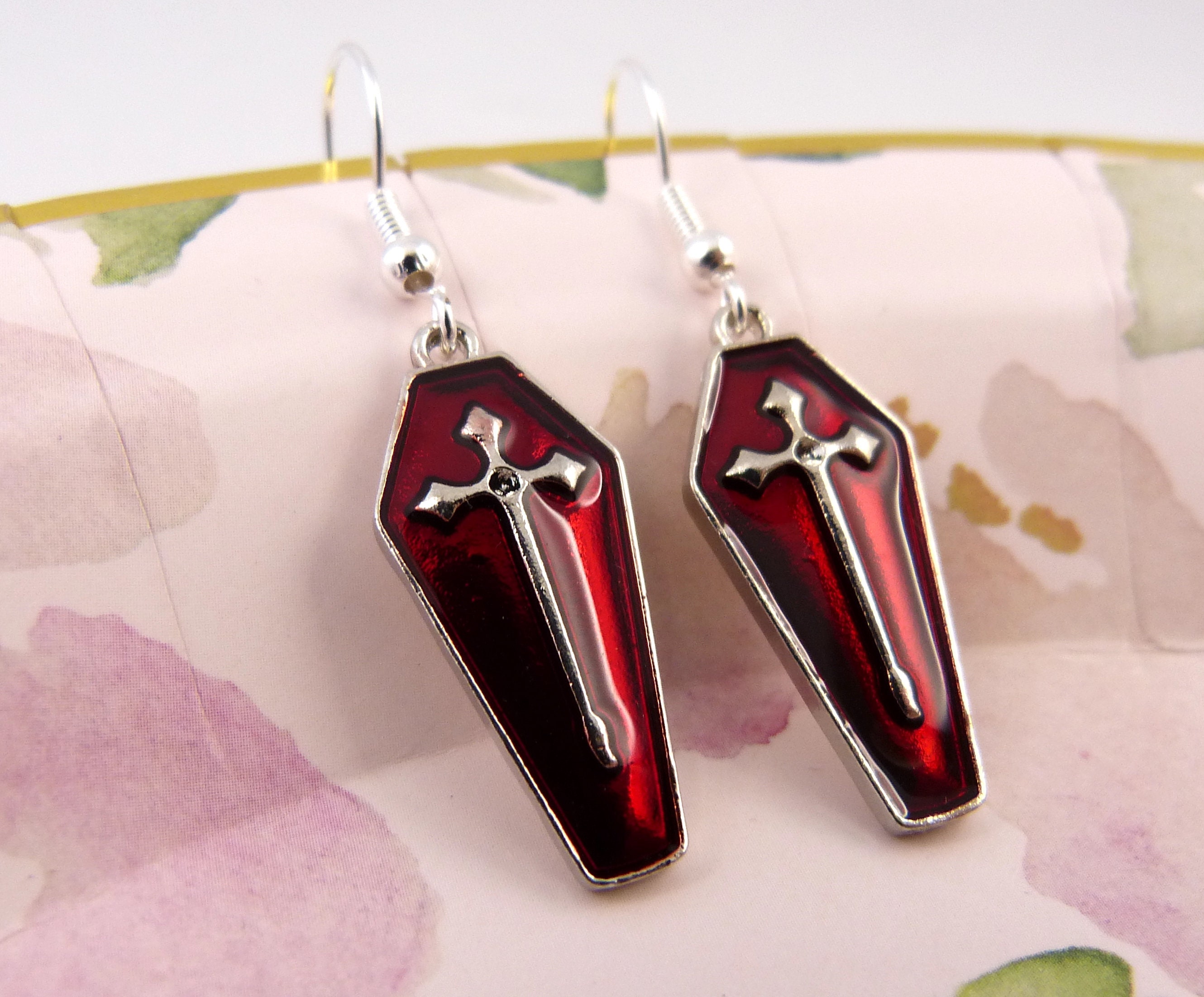 Coffin Earrings Ruby Red Hypoallergenic Silvertone Trim - Etsy UK