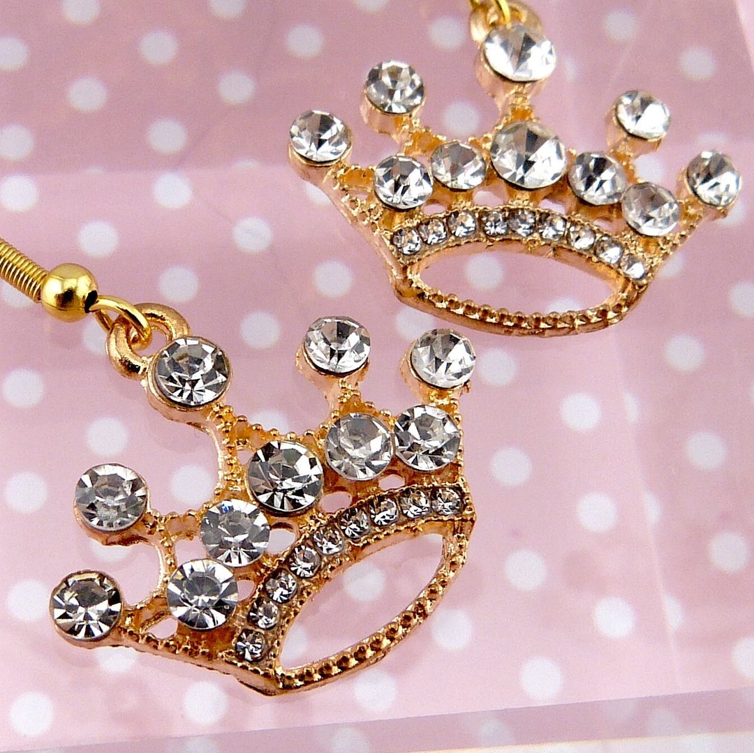Crown Jewels Earrings, Luxe Golden Crowns Loaded With Glass Crystals ...