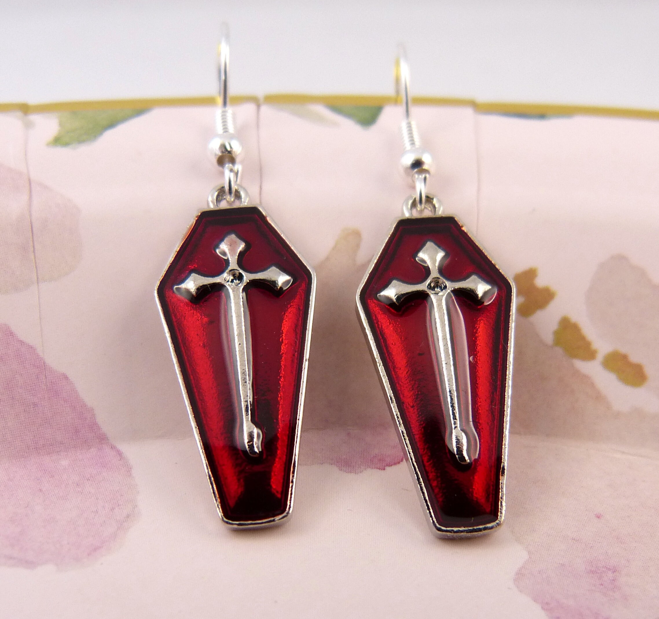 Coffin Earrings Ruby Red Hypoallergenic Silvertone Trim - Etsy UK