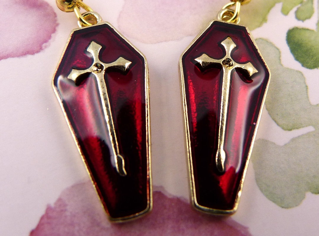 Coffin Earrings, Hypoallergenic, Ruby Red, Goldtone Trim, Halloween ...