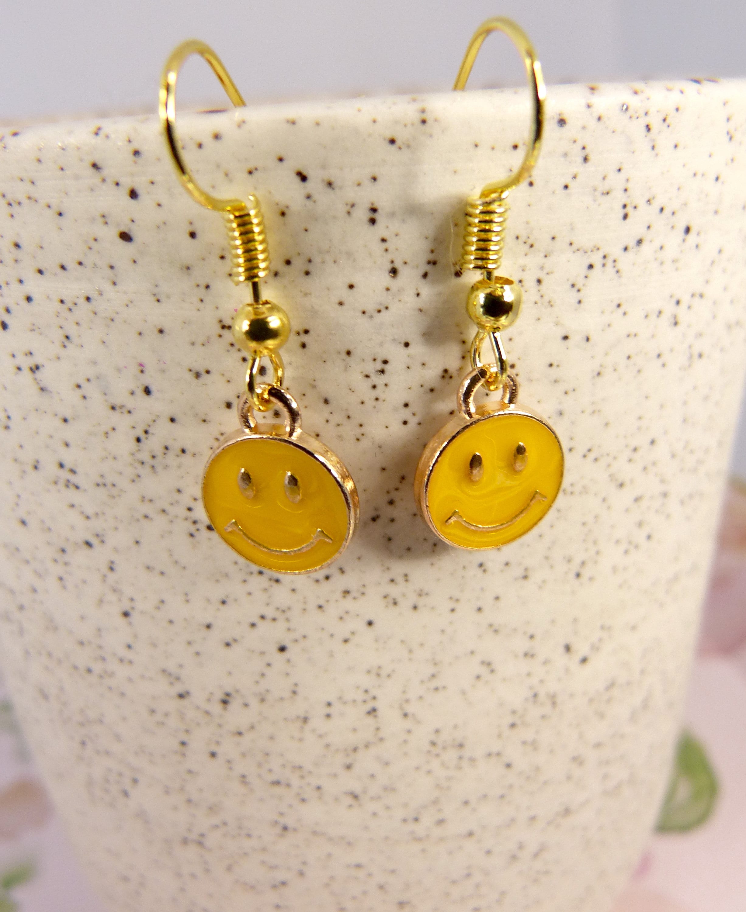 Happy Face Earrings Hypoallergenic Yellow Tiny Nostalgic | Etsy
