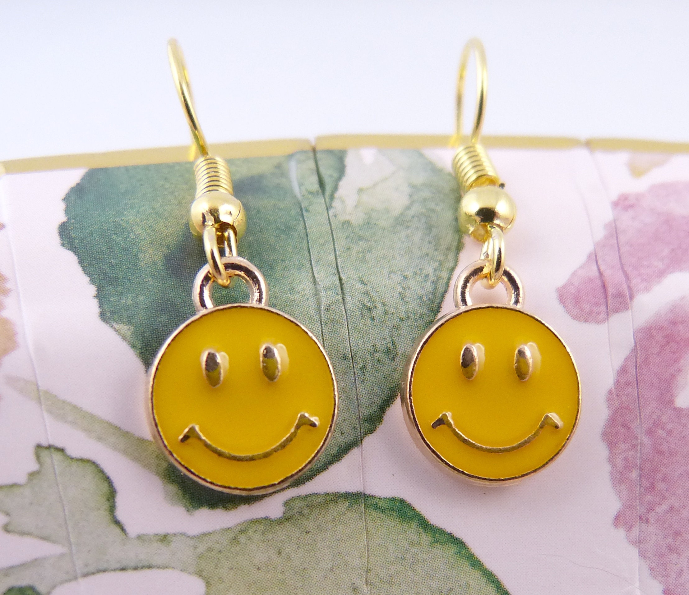 Happy Face Earrings Hypoallergenic Yellow Tiny Nostalgic | Etsy