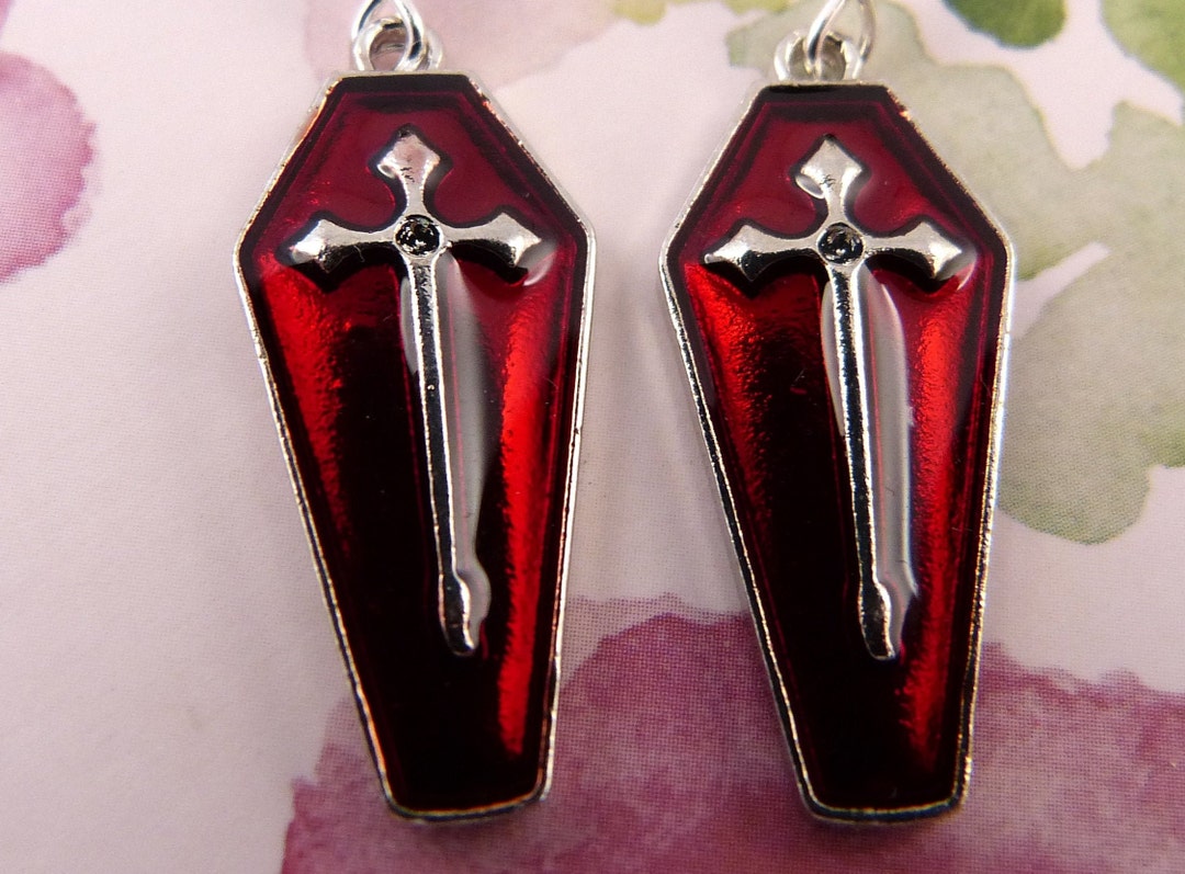 Coffin Earrings, Ruby Red, Hypoallergenic, Silvertone Trim, Halloween ...