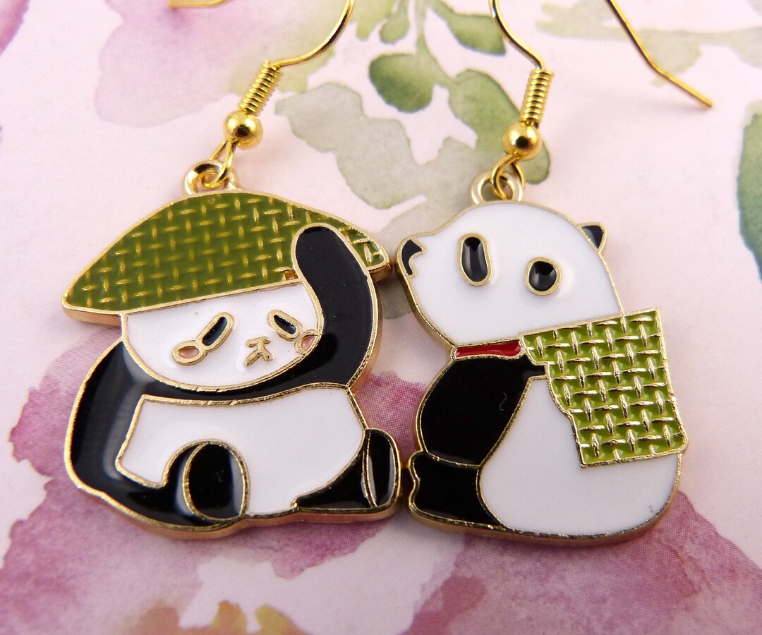 Panda Bear Earrings, Cute Pandas With Backpack and Hat, Adorable Panda ...