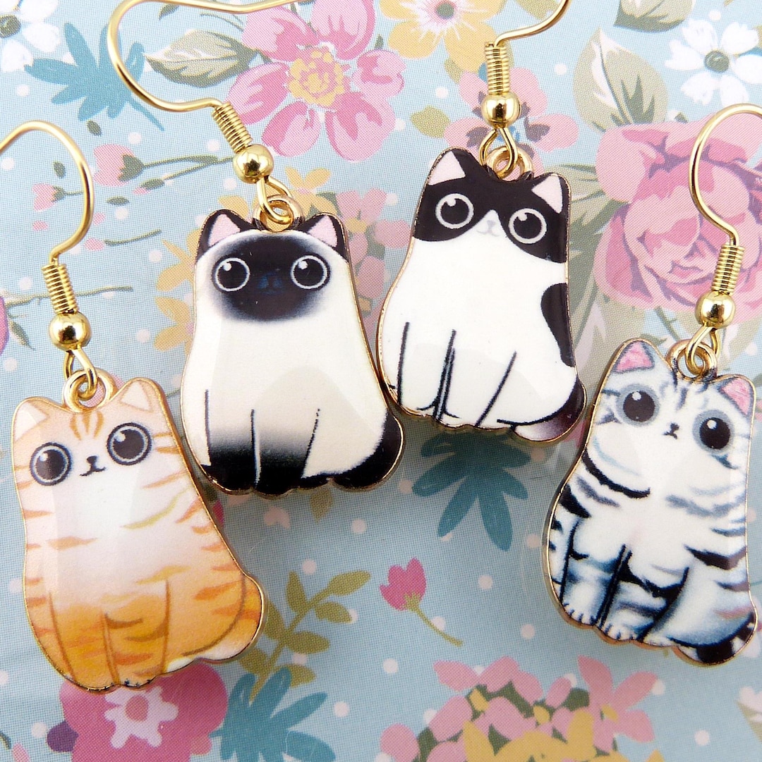 Cute Cat Earrings, Various Cat Breeds, Orange Tabby, Ragdoll, Tuxedo ...