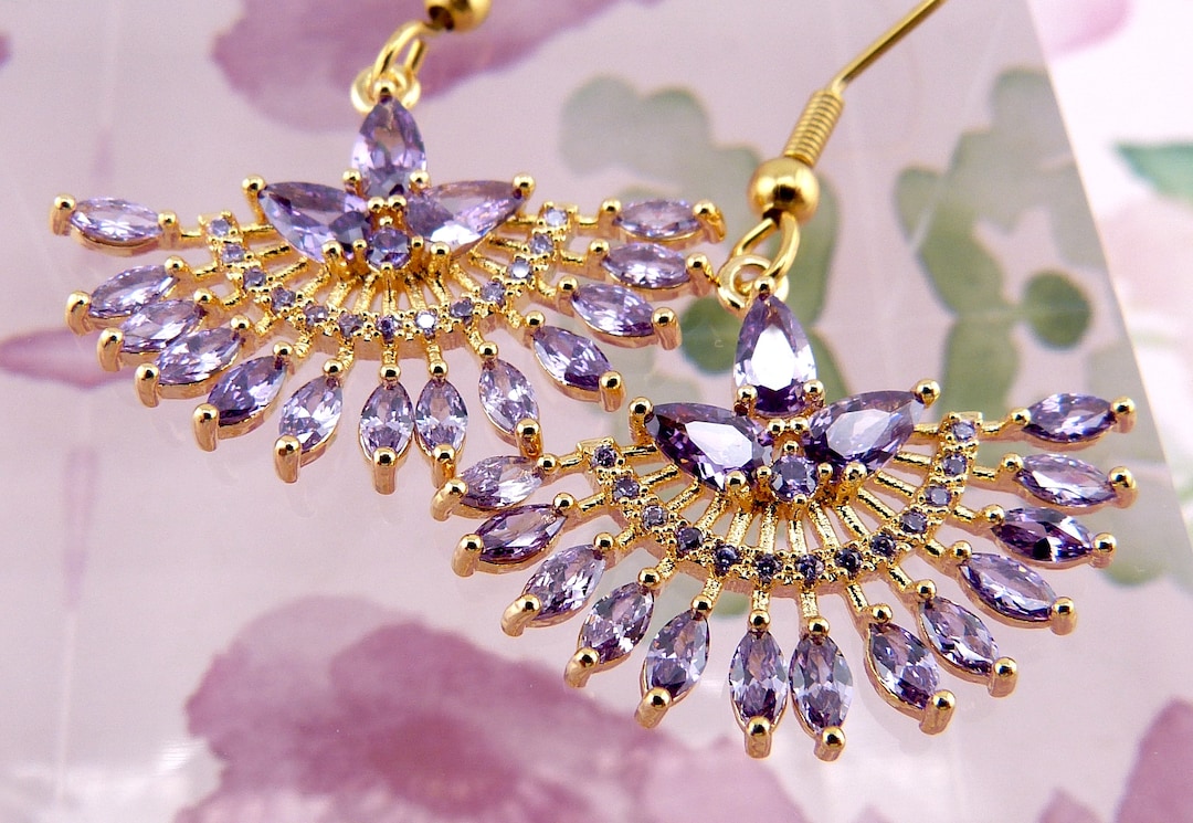 Gorgeous Purple High Quality Zirconia Crystal Fan Earrings, Brilliant ...