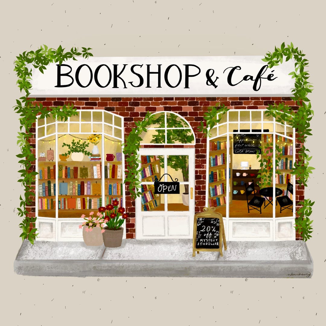 Bookshop & Café Art Print - Illustrated Original Art - Gift for Book ...