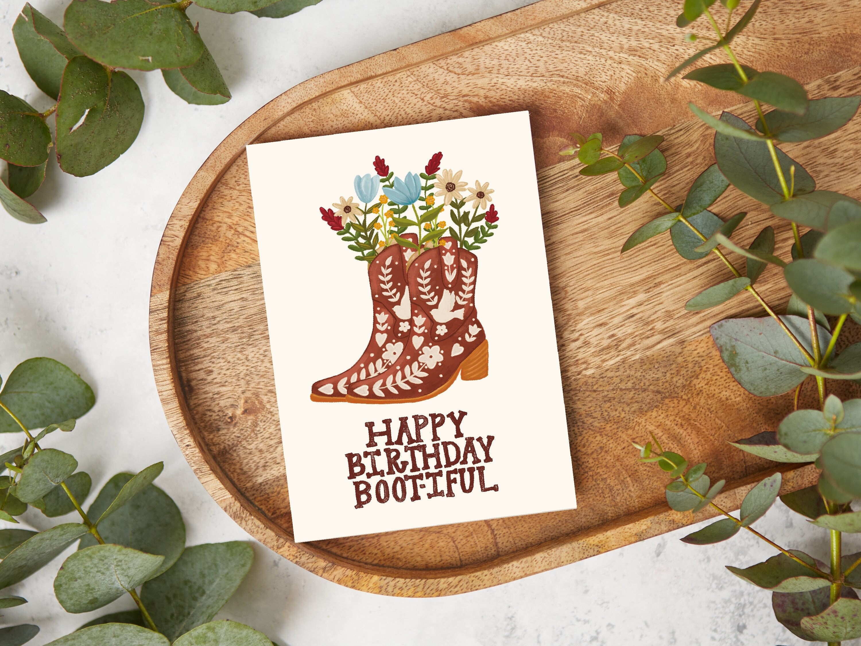 Illustrated Birthday Card - Blank Inside Card - Floral Country Western ...