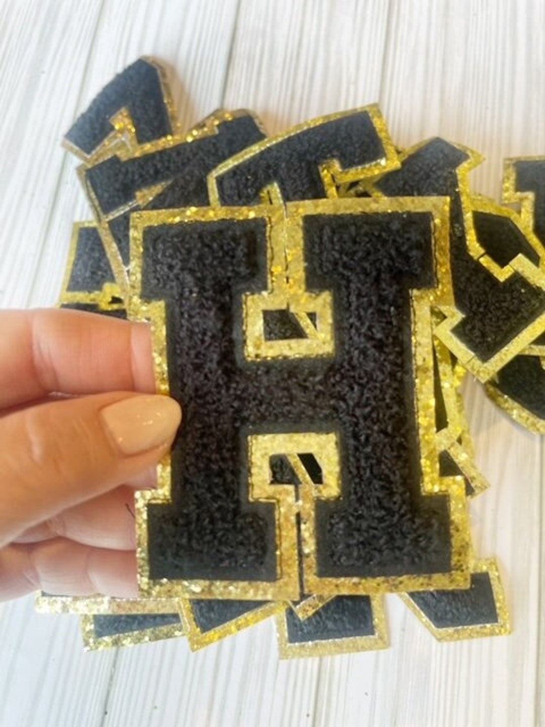 Black 3.12" Chenille Letters | Gold Glitter | Letter Patches | Varsity ...