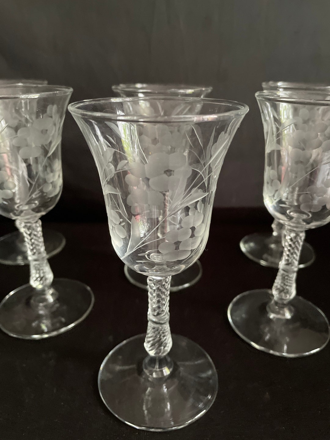 Etched Crystal Stemware,( 6 ) Champagne/ Wine/ Wild Rose,twisted ...