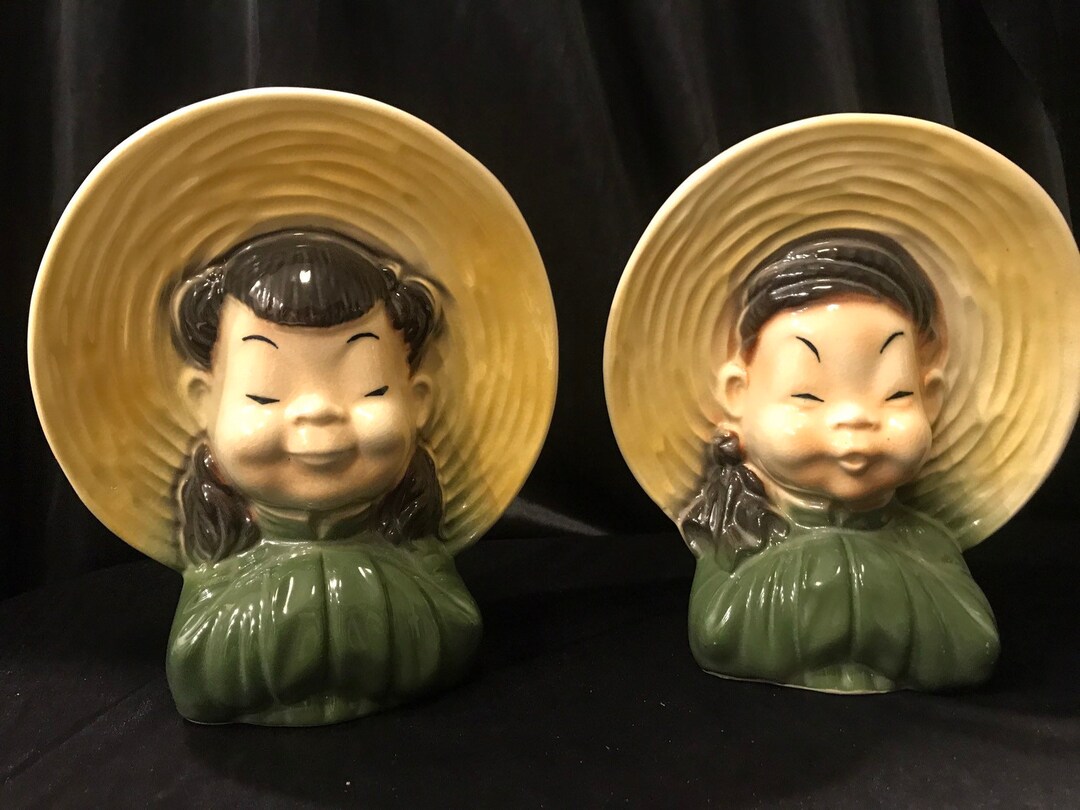Wall Head Vase Set (2)wall Pockets, Asian Girl Wall Planter ,royal ...