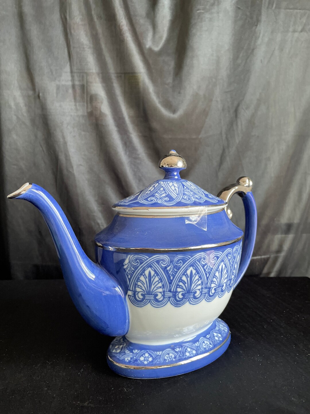 Country French Tea Pot ,server,cobalt Blue White ,silver ,handpainted ...