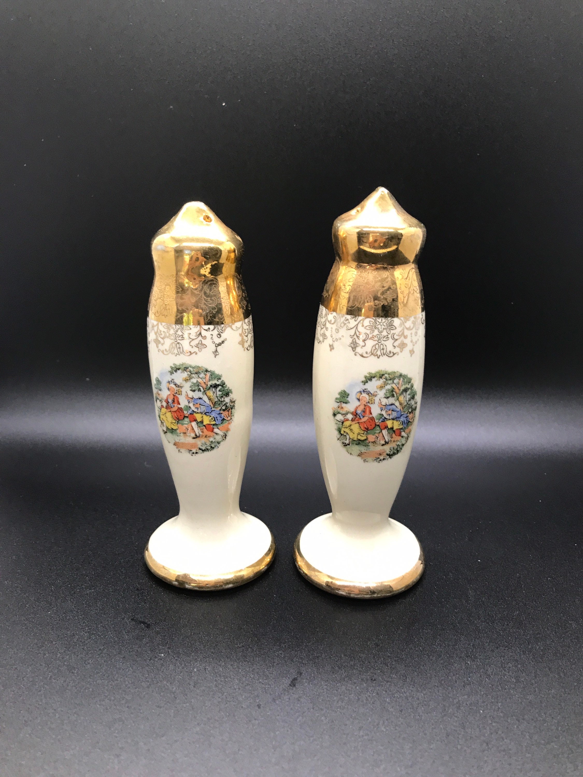 Victorian Porcelain Salt & Pepper Shakers Tall Gold Leafed | Etsy