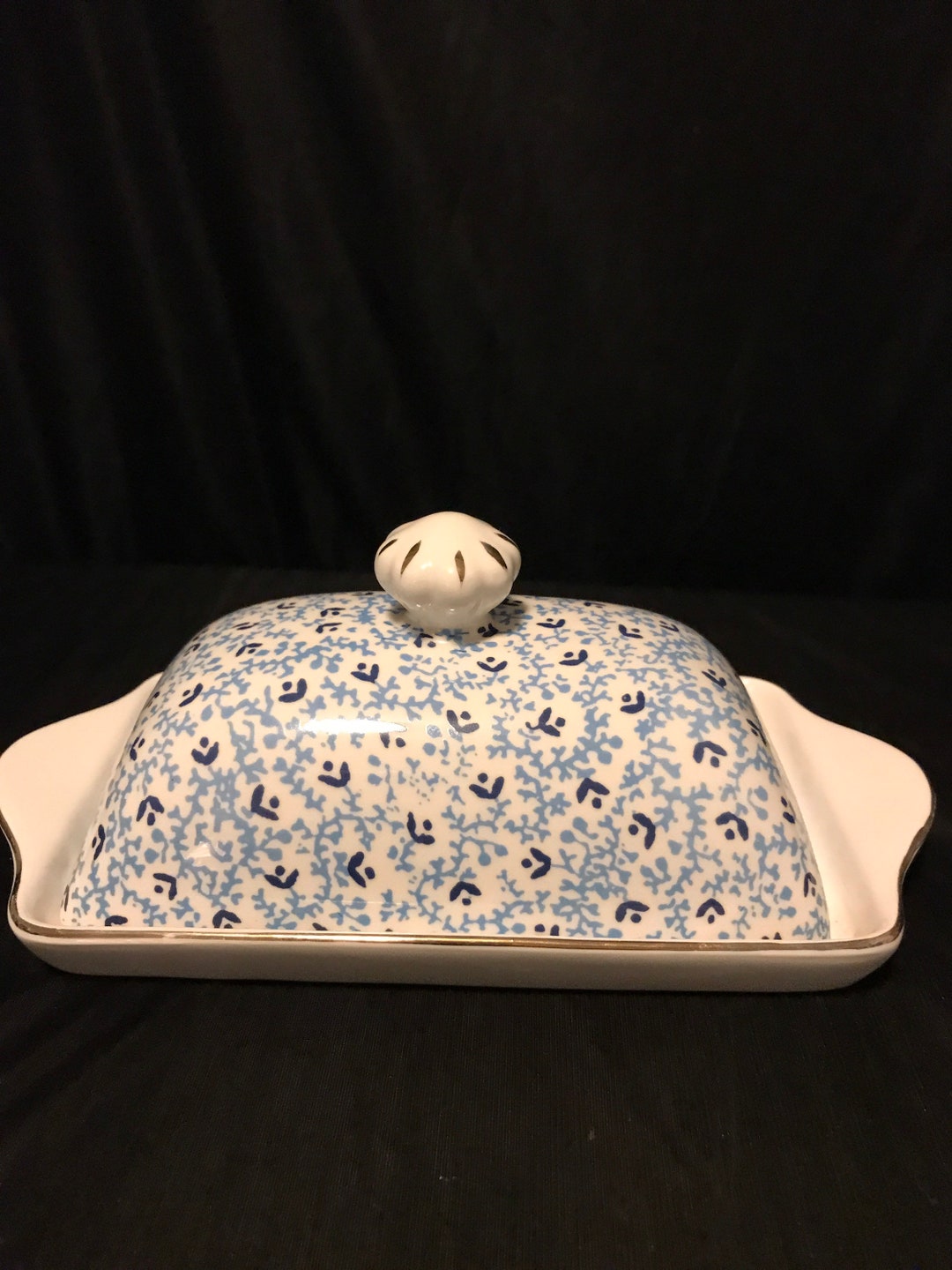 Country French Porcelain Butter Dish: Blue Floral, Gold Trim - Etsy