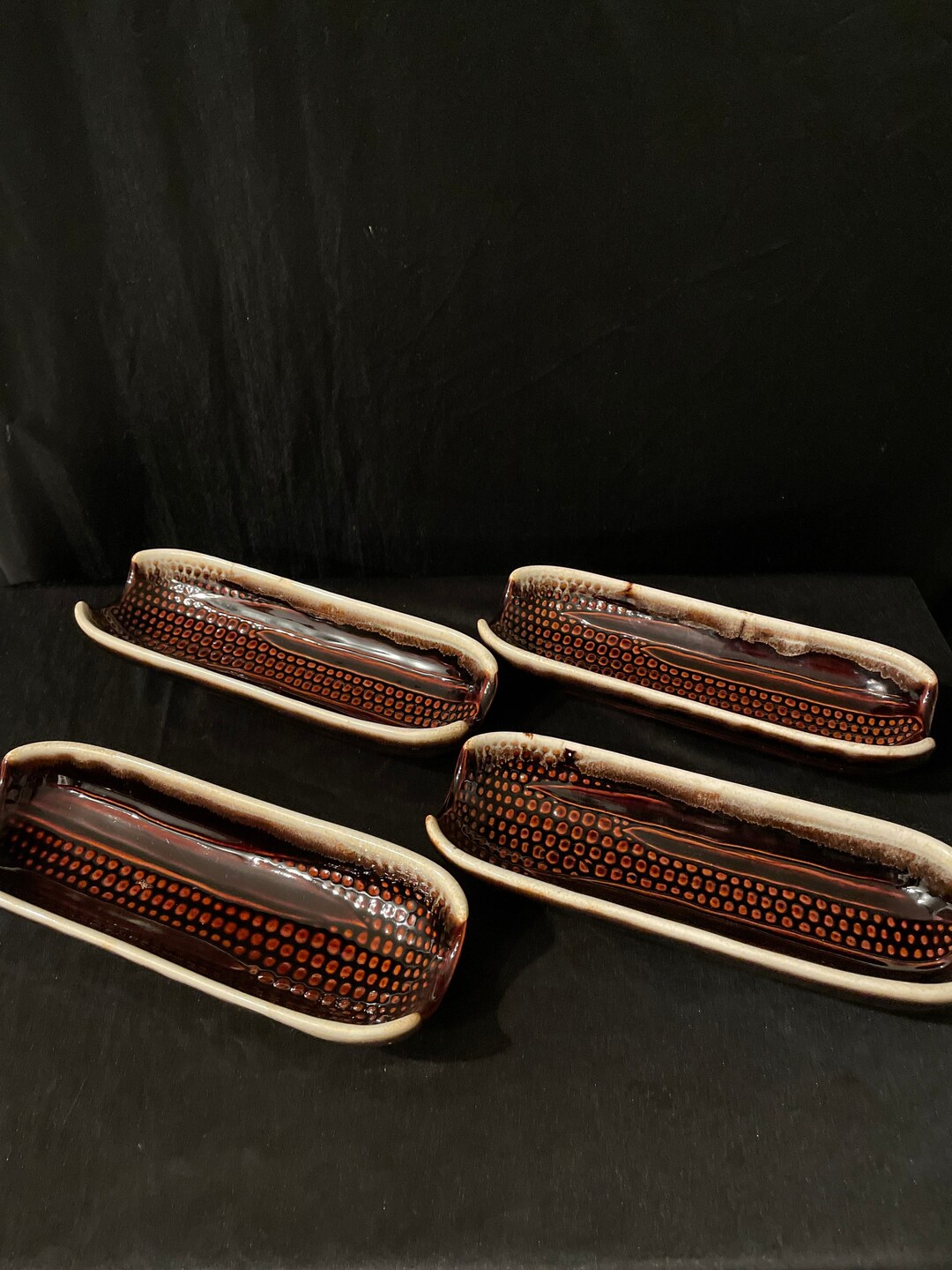 Vtg Corn on the Cob Boats (4) Pfaltzgraff ,stoneware, Brown Drip Corn ...