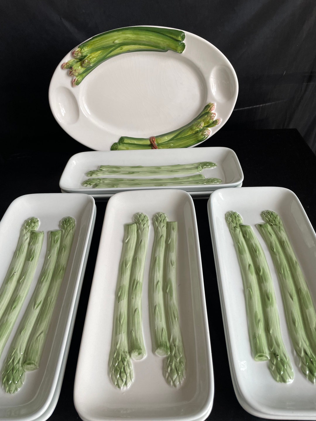 Asparagus Dish Set Set (9)with Platter ,majolica Pottery , Hand Painted ...