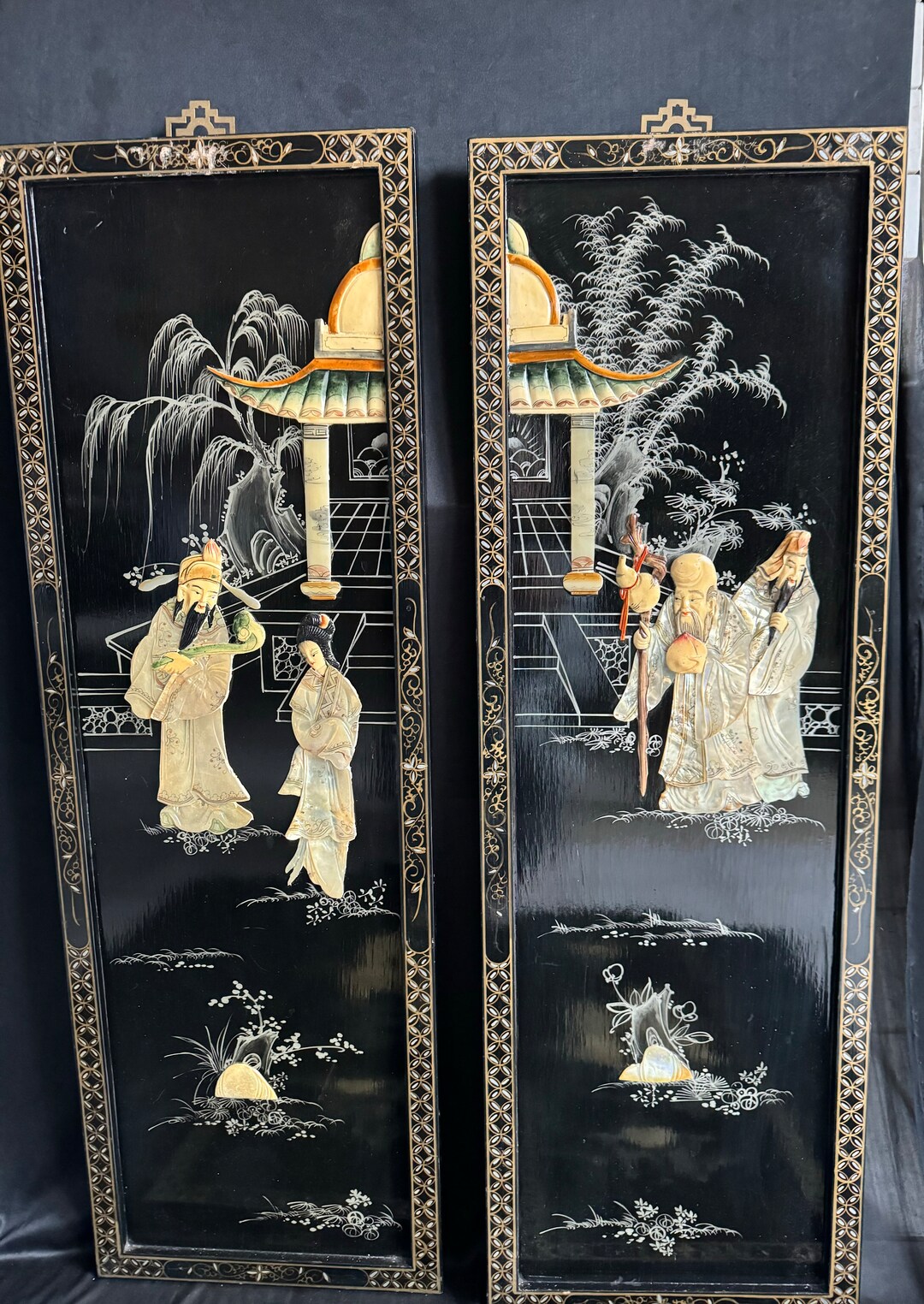 Japanese Wall Panels Set ,4, 2D Mother of Pearl Outdoor Pagoda Scene - Etsy